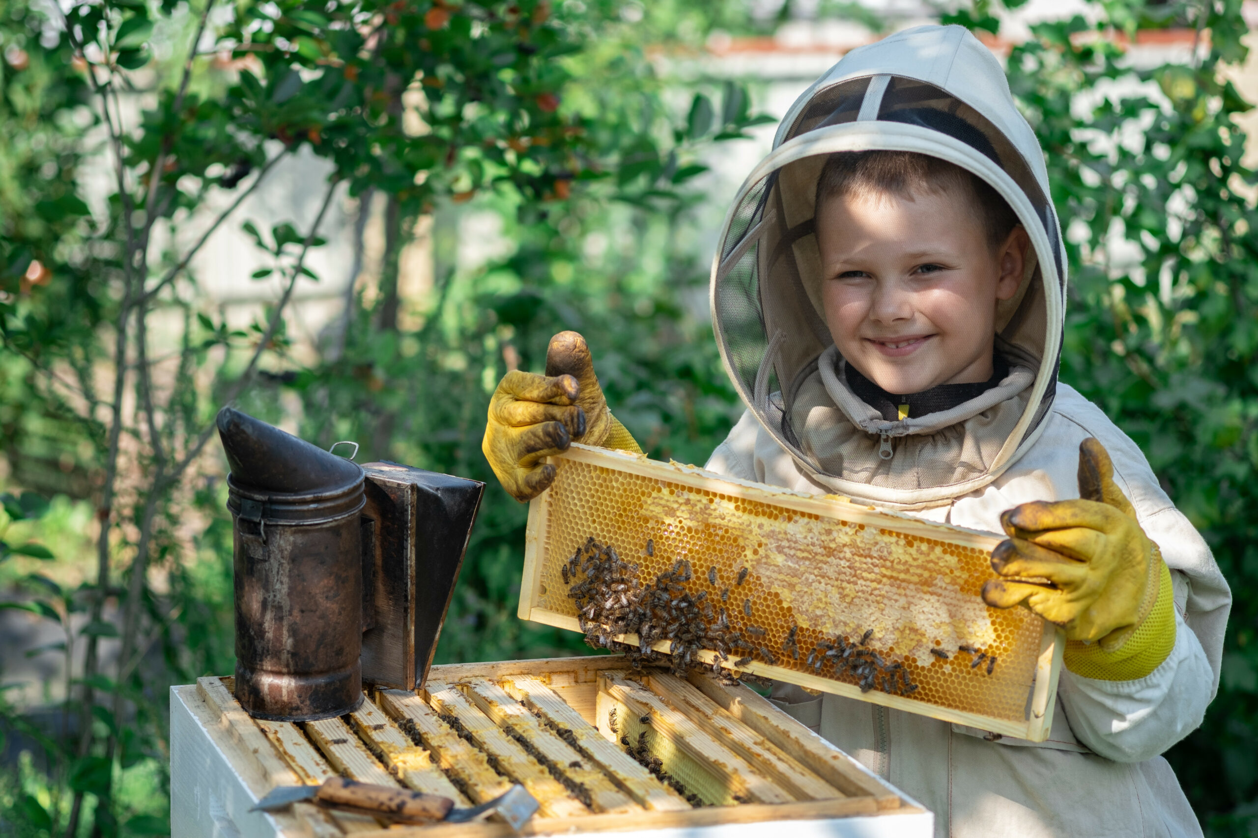 Cheerful boy beekeeper in protective suit near beehive. Honeycomb with ...